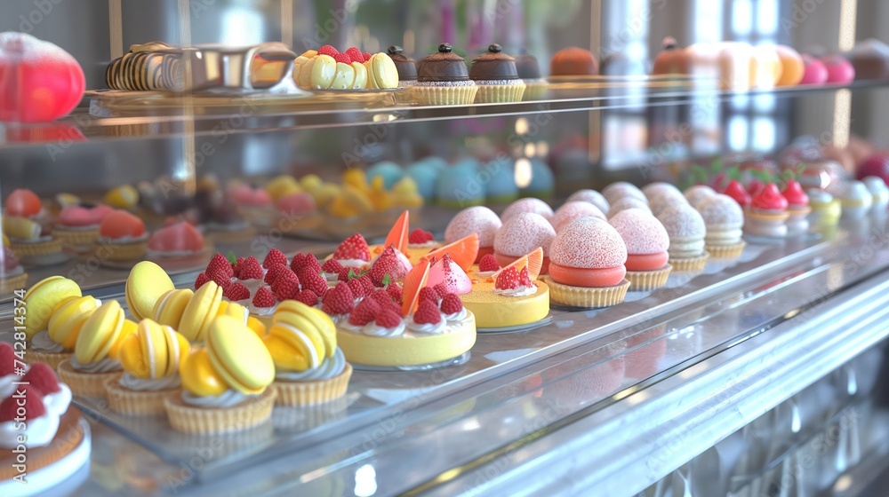 Visualize a high-end pastry shop with an elegant display case filled ...