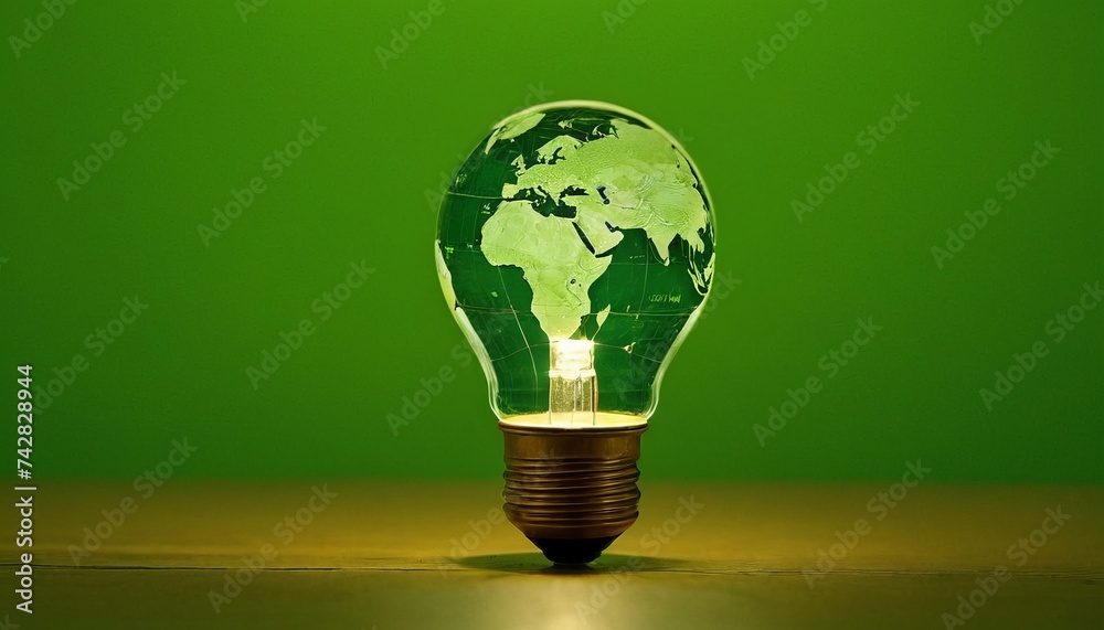 Light bulb with a green world map, on a green background. World Earth ...