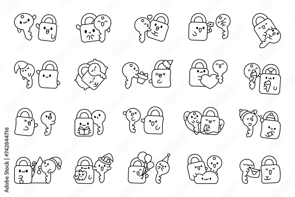 Cute kawaii padlock and key. Coloring Page. Couple cartoon character ...