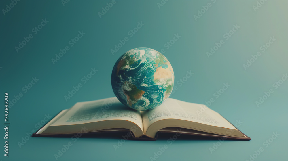 World globe on open book with turquoise background for world book day ...