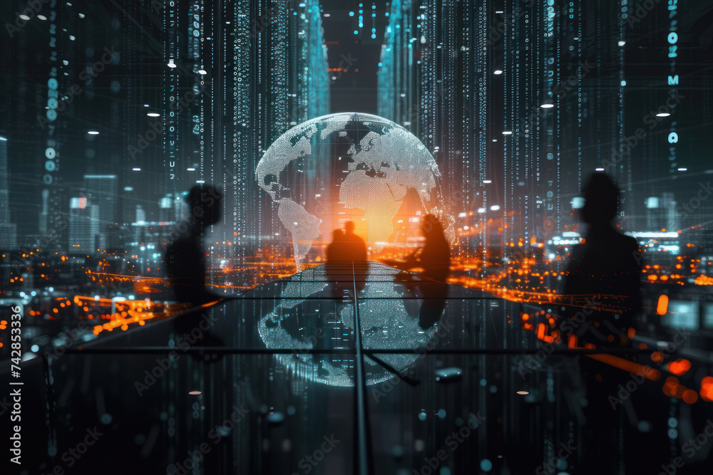 A busy network operations center with a global data exchange ...