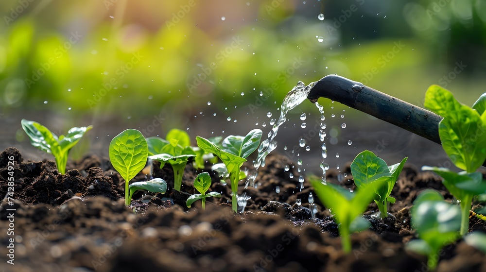 Agriculture. Watering one green sprout in the soil field. Water drops ...