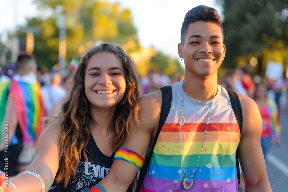 Two people smiling and showing support at a pride parade celebrating ...