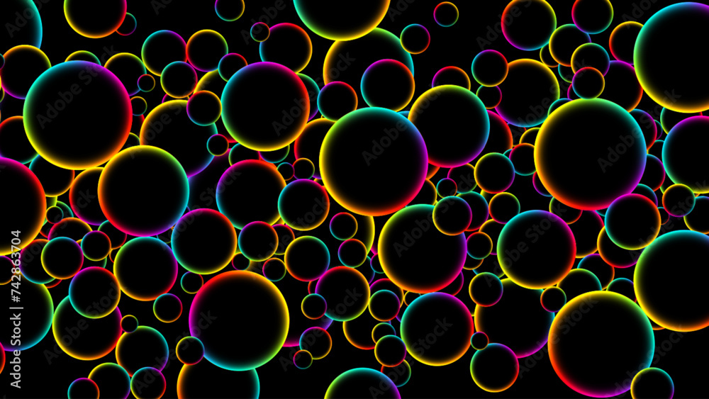 Colorful rainbow random flying glowing circles, spheres or bubbles ...