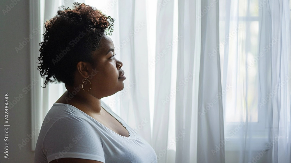 copy space, stockphoto, Plus size Black Woman standing in front of a ...