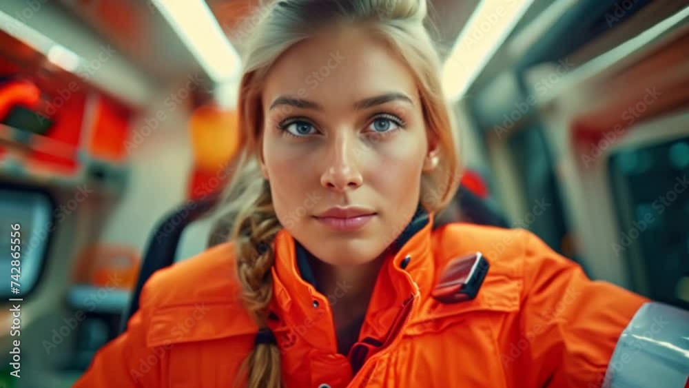 emergency concept Female EMS worker in an ambulance on the way to the ...