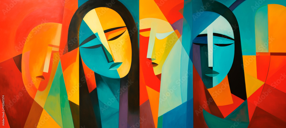 Vibrant abstract painting depicts two figures with somber expressions ...