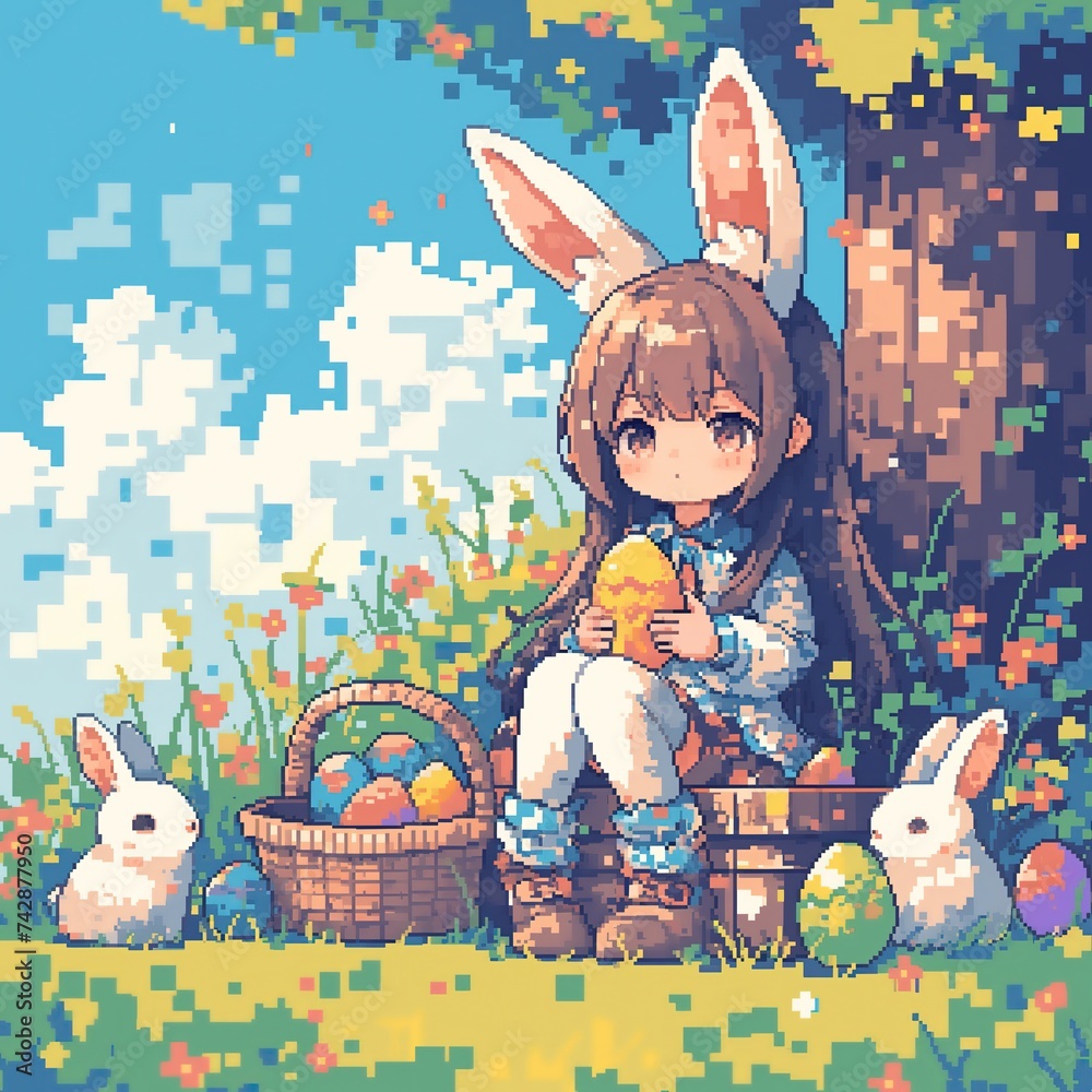 pixel art style illustration , Easter cartoon, cute girl on Easter eggs ...