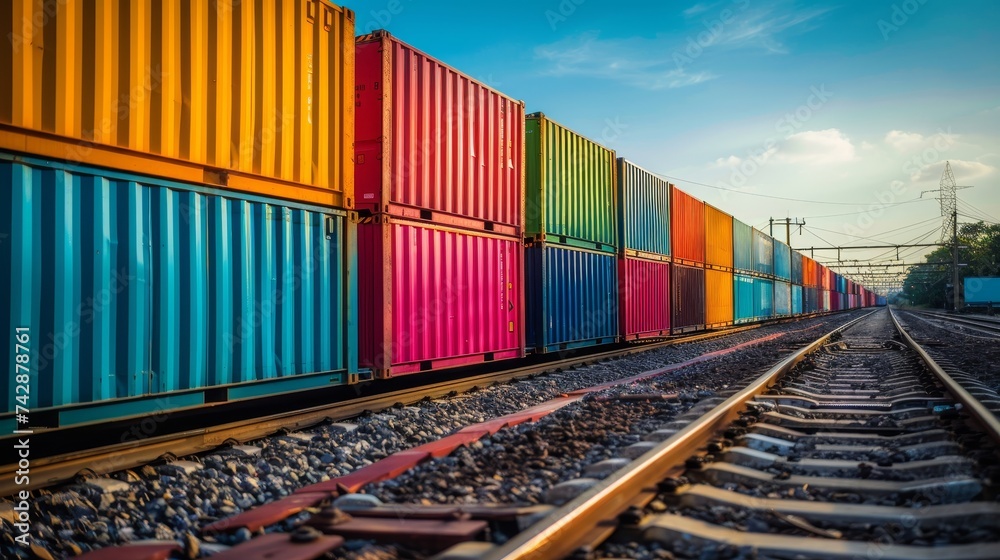 Freight train with sea containers moving on train tracks beside a lush ...