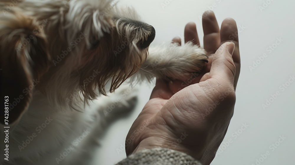 Heartwarming canine and human interaction, pet paw in person's hand ...