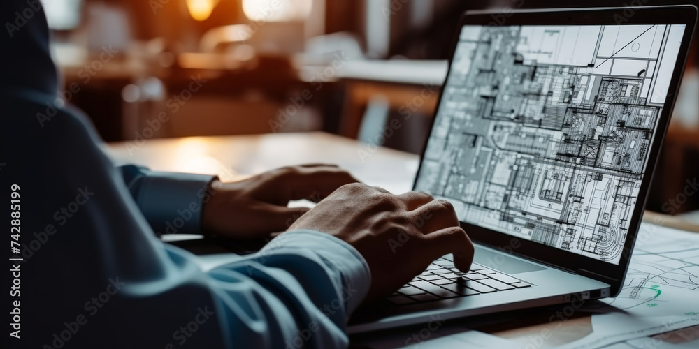 architect on laptop using autocad for design buildings, Stock ...