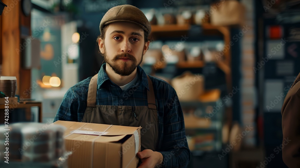 Delivery man in a cap holding a package in a vintage style store ...
