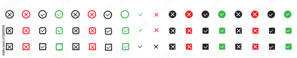 Check and wrong icons set of check marks. Green tick, red cross, black ...
