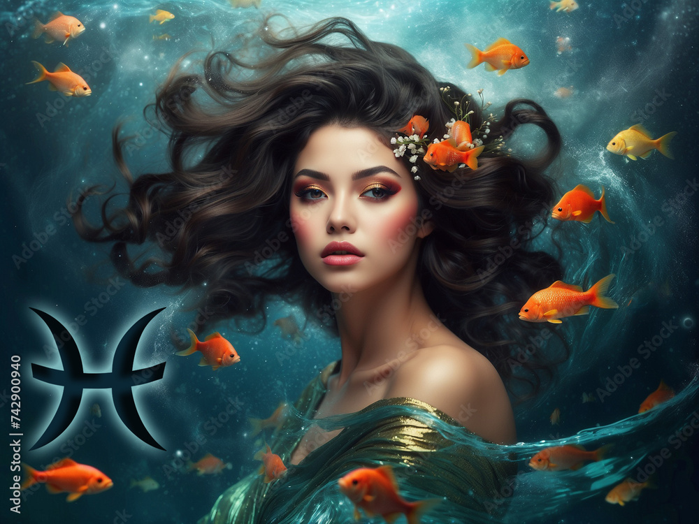 Pisces woman with the zodiac symbol Pisces, fish and underwater like ...
