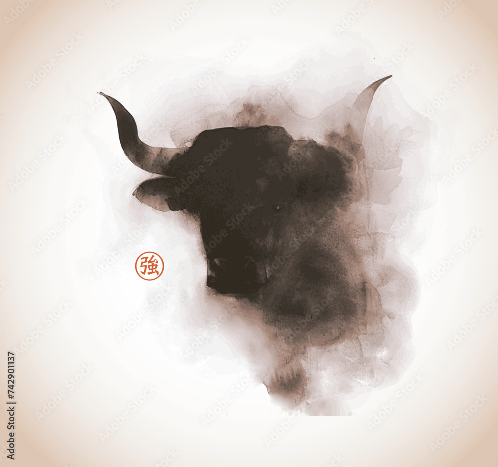 Ink wash painting with the head of a bull in mist, creating a sense of ...