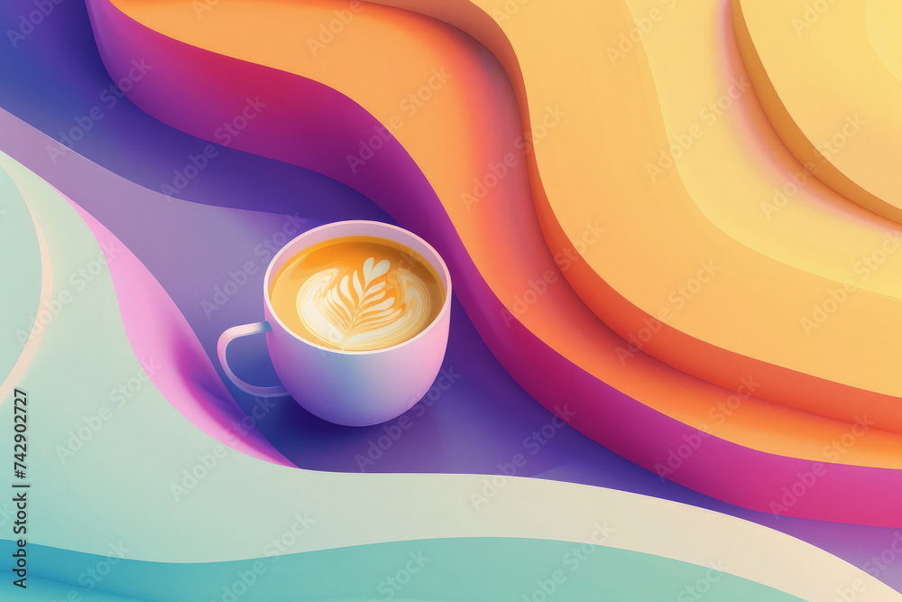 3d Isometric art of a cup of coffee, with creativity and ideas flowing ...