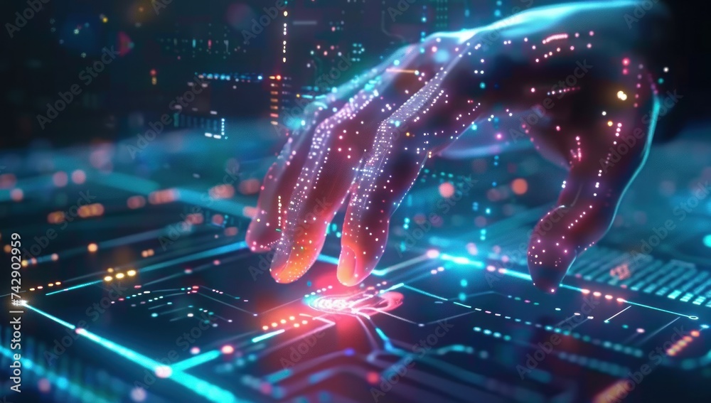 Touching the Future: A hand interacting with a digital circuit board ...