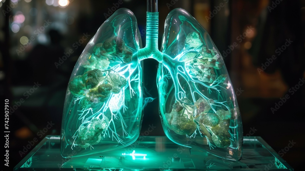 A transparent model of human lungs illuminated from within at a medical ...