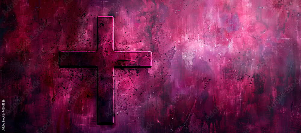 red violet cross with copy space, textured painting, worship slide ...