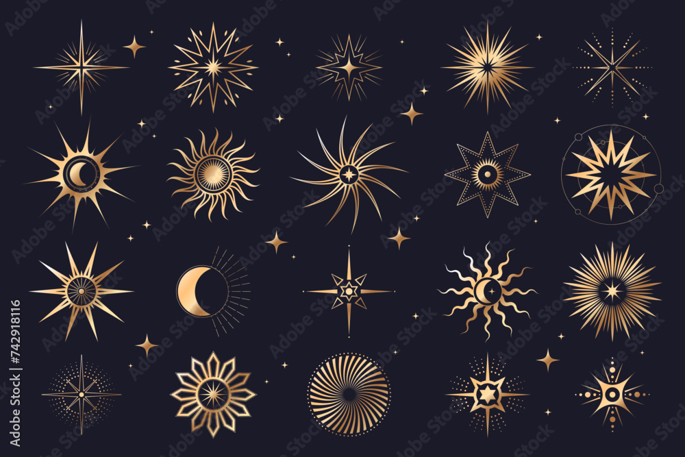 Set of sun, moon and star icons. Vector sky elements with starburst and ...