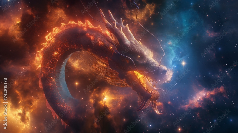 A Chinese dragon exhaling a colorful cosmic nebula, with the astral gas ...