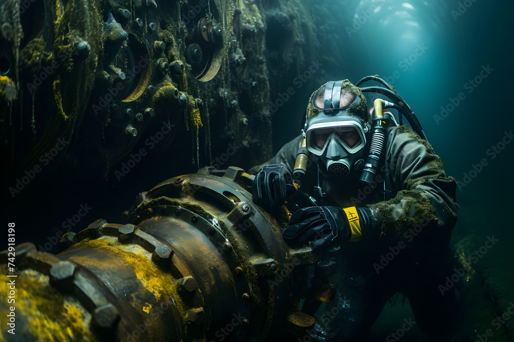 A professional diver enters the water to repair metal pipelines in the ...