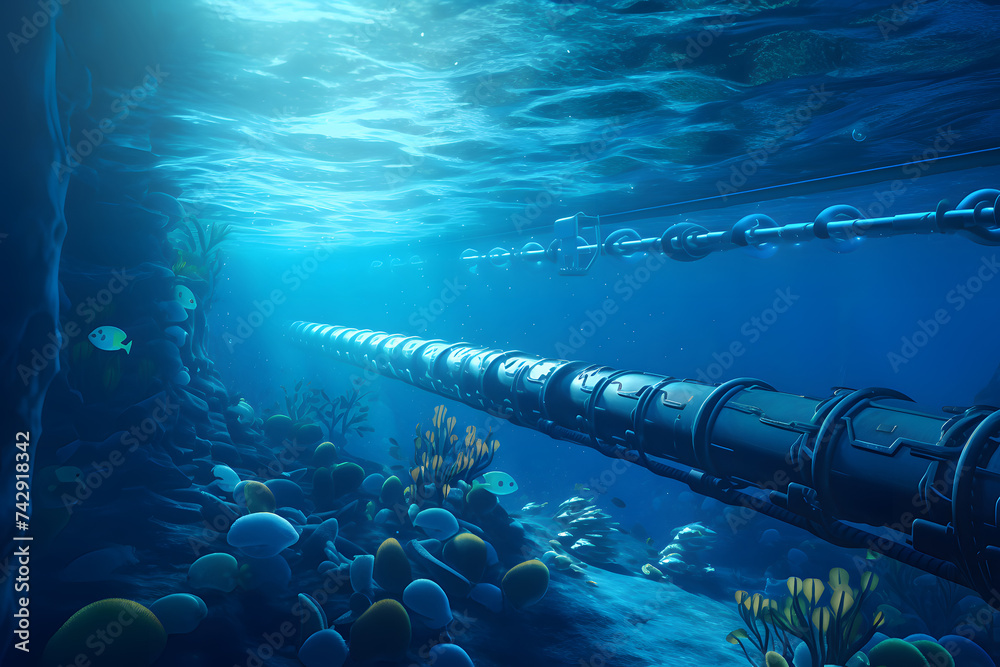 Underwater pipeline placement on the ocean floor, industrial pipeline ...