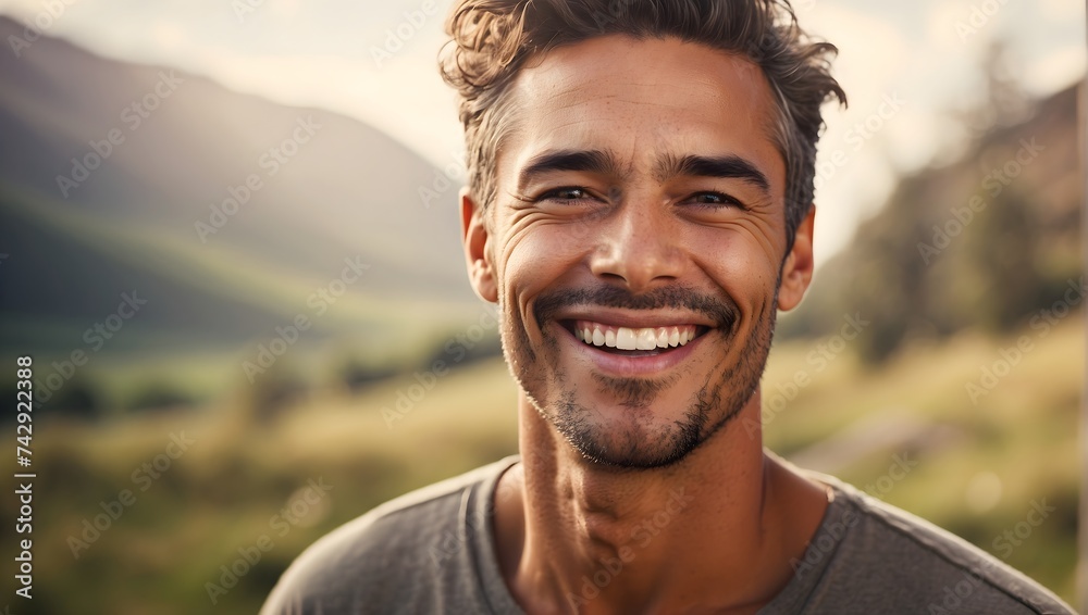 ภาพประกอบสต็อก A close-up portrait of a man with a beaming smile ...