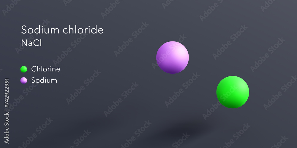 sodium chloride molecule 3d rendering, flat molecular structure with ...