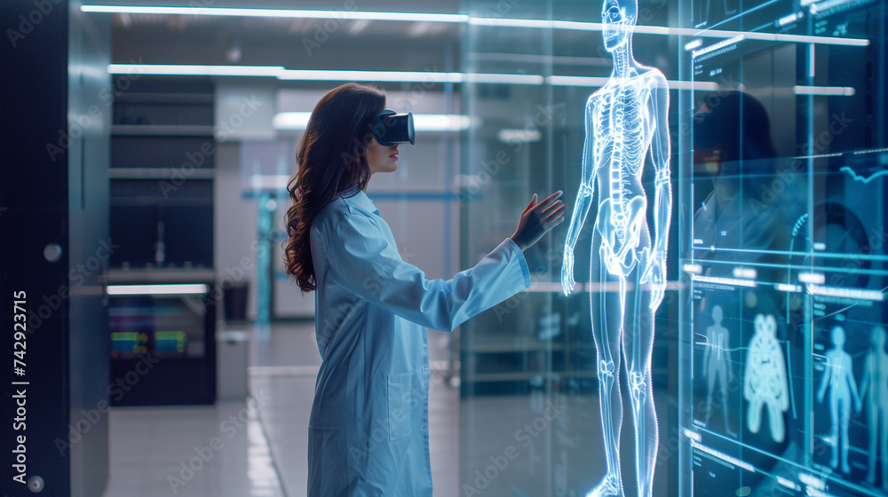 Smart doctor woman using VR glass analysis and learning human body ...