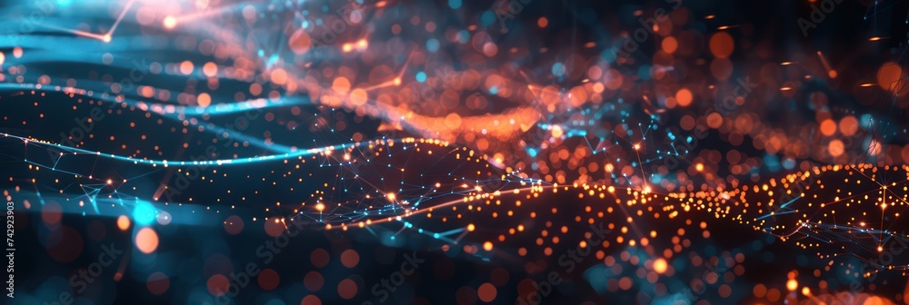 Abstract network connections with nodes and light flares. Background for technological processes ...