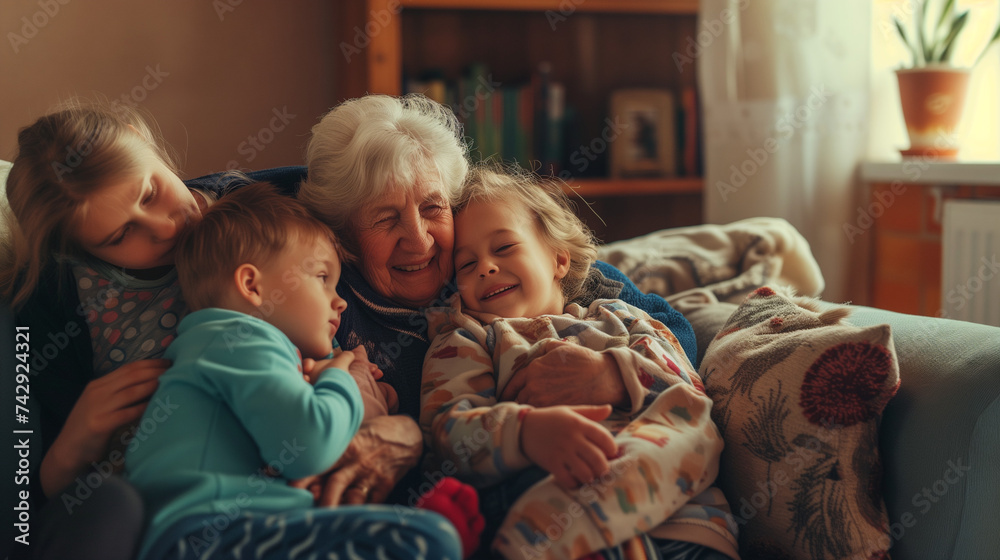 Hug, grandma or happy kids on a sofa with love enjoying quality bonding ...
