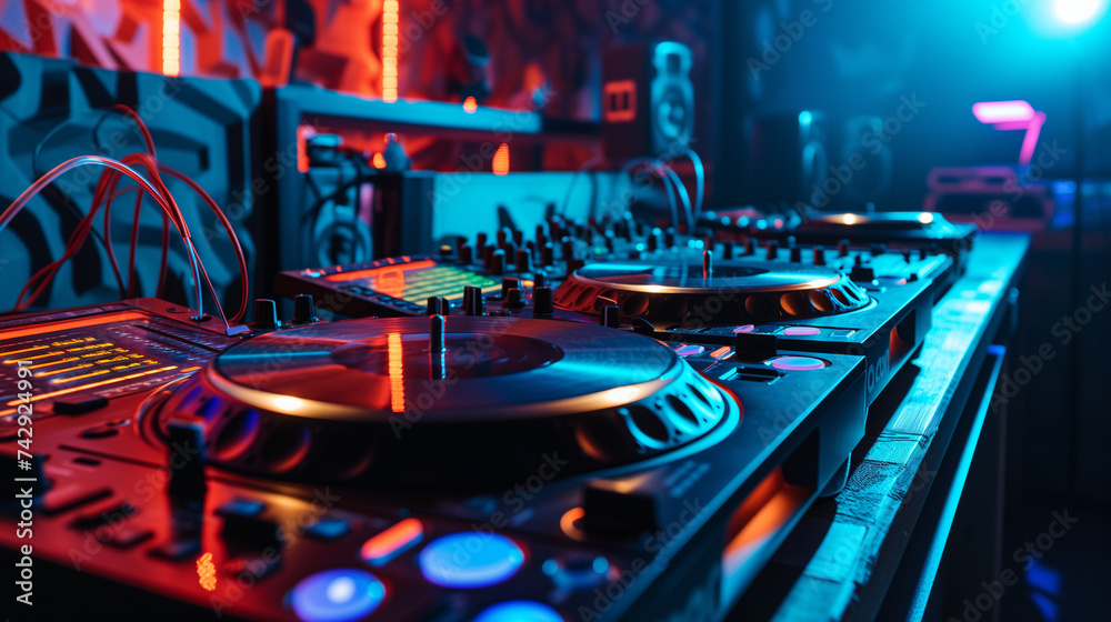 Professional DJ booth in a sleek studio setup, with turntables, mixers ...