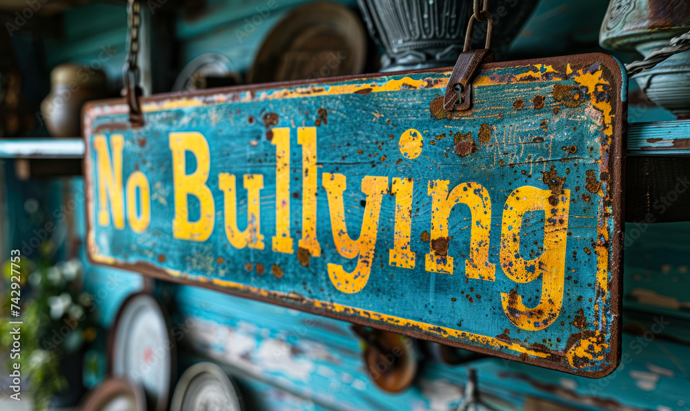 Weathered No Bullying sign affixed to a rustic wooden background ...