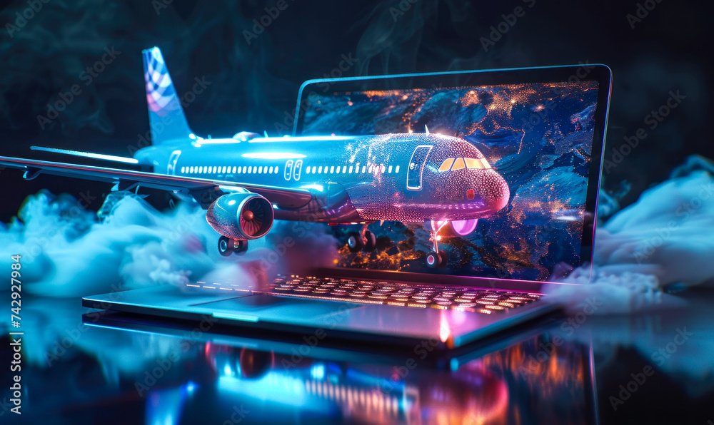 Futuristic concept of a commercial airliner jet emerging from a laptop ...