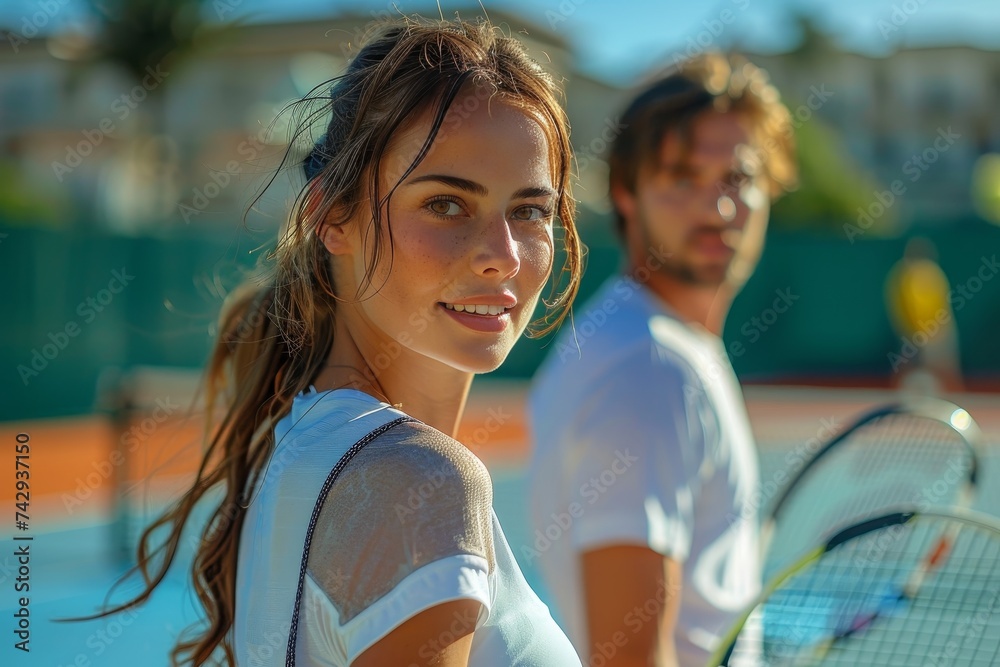 A determined woman gracefully swings her tennis racket on the outdoor ...