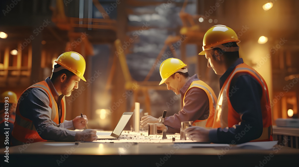 Engineers collaborating with construction managers and project ...