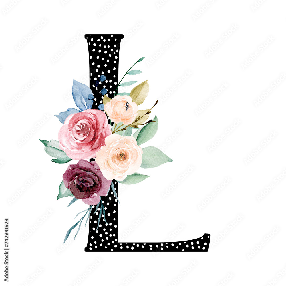 Floral monogram L, letter with watercolor flowers and leaves. Alphabet ...