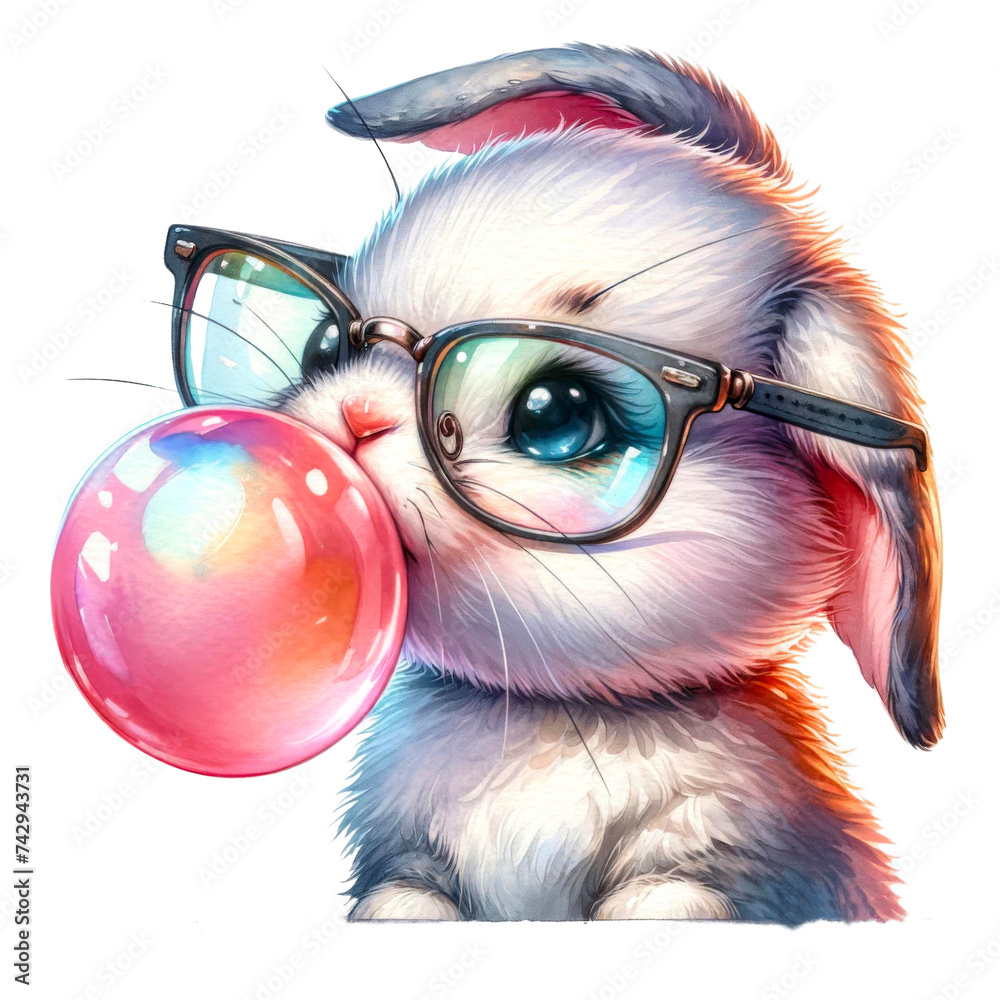 Cute Bunny with Glasses Blowing Bubble, rabbit with Glasses Blowing Gum ...