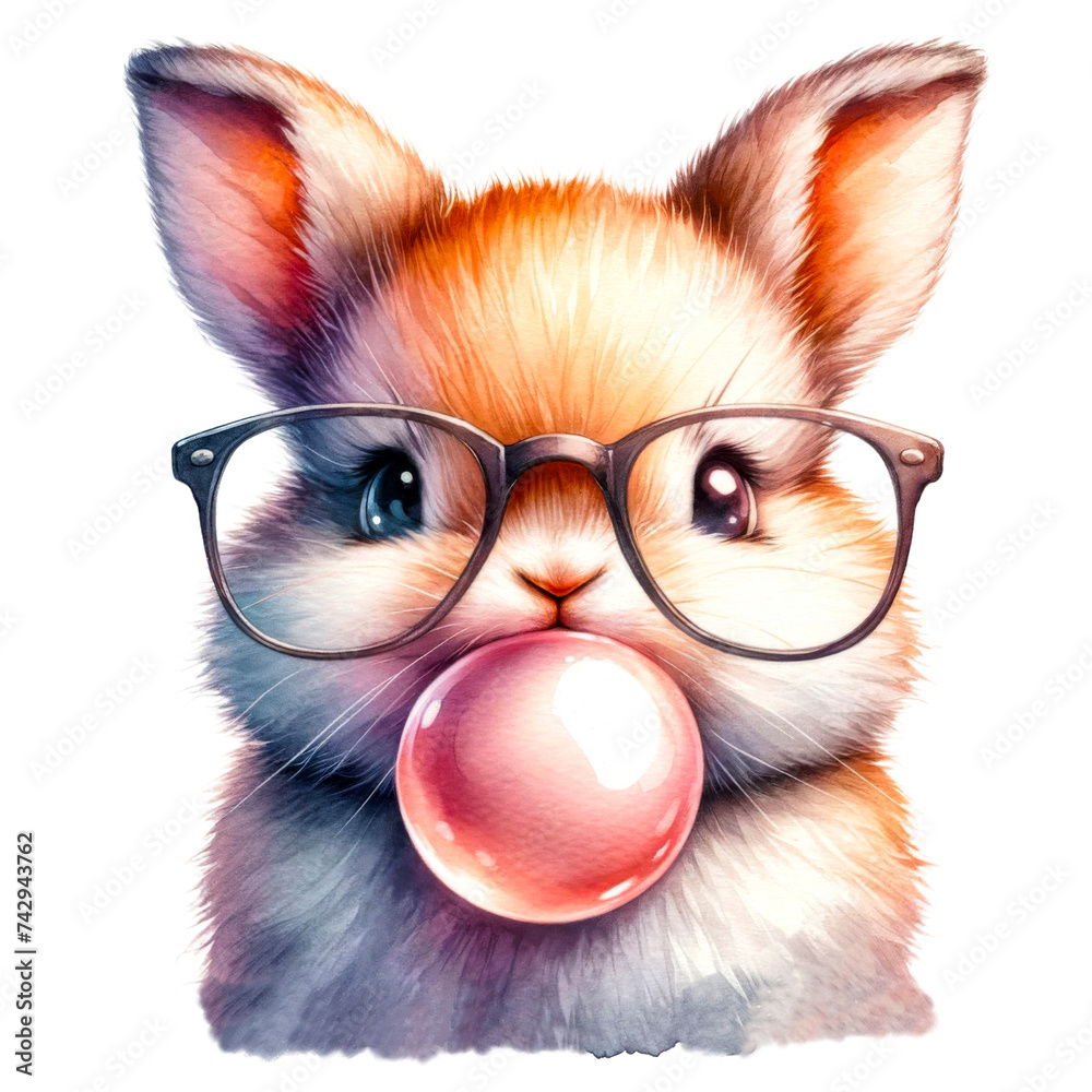 Cute Bunny with Glasses Blowing Bubble, rabbit with Glasses Blowing Gum ...