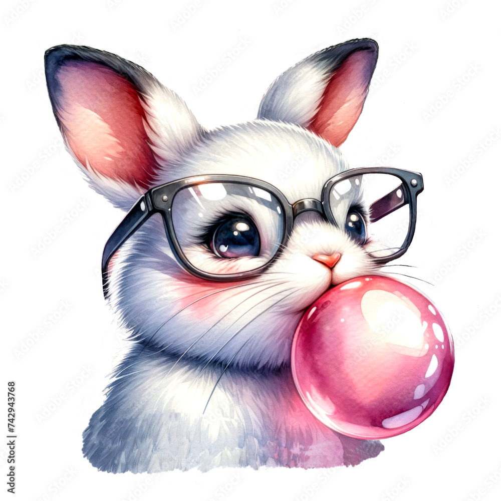Cute Bunny with Glasses Blowing Bubble, rabbit with Glasses Blowing Gum ...
