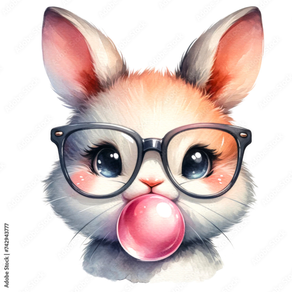Cute Bunny with Glasses Blowing Bubble, rabbit with Glasses Blowing Gum ...