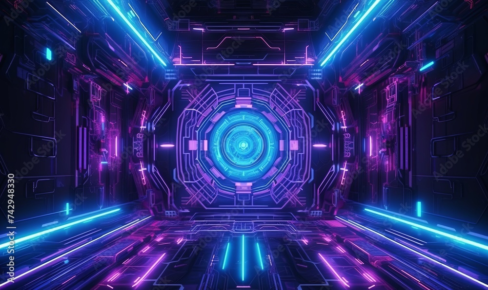 Neon cyber corridor with portal background. Purple and 3d blue led glow ...