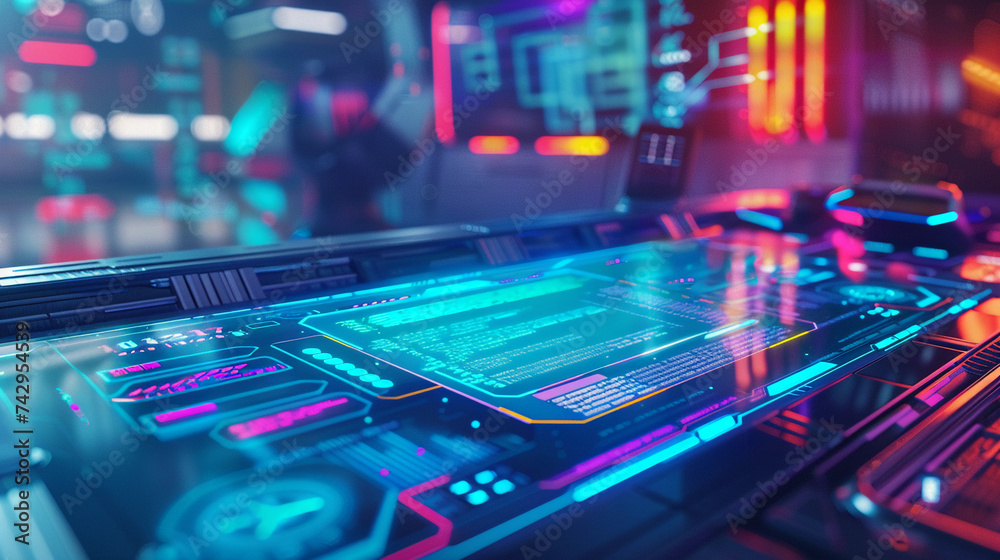 future, with holographic elements and futuristic fonts, floating above ...