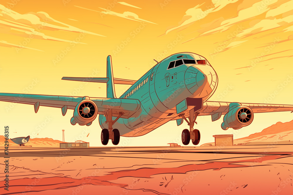 Cartoon plane on runway. Airliner jet on airport airstrip, aircraft ...