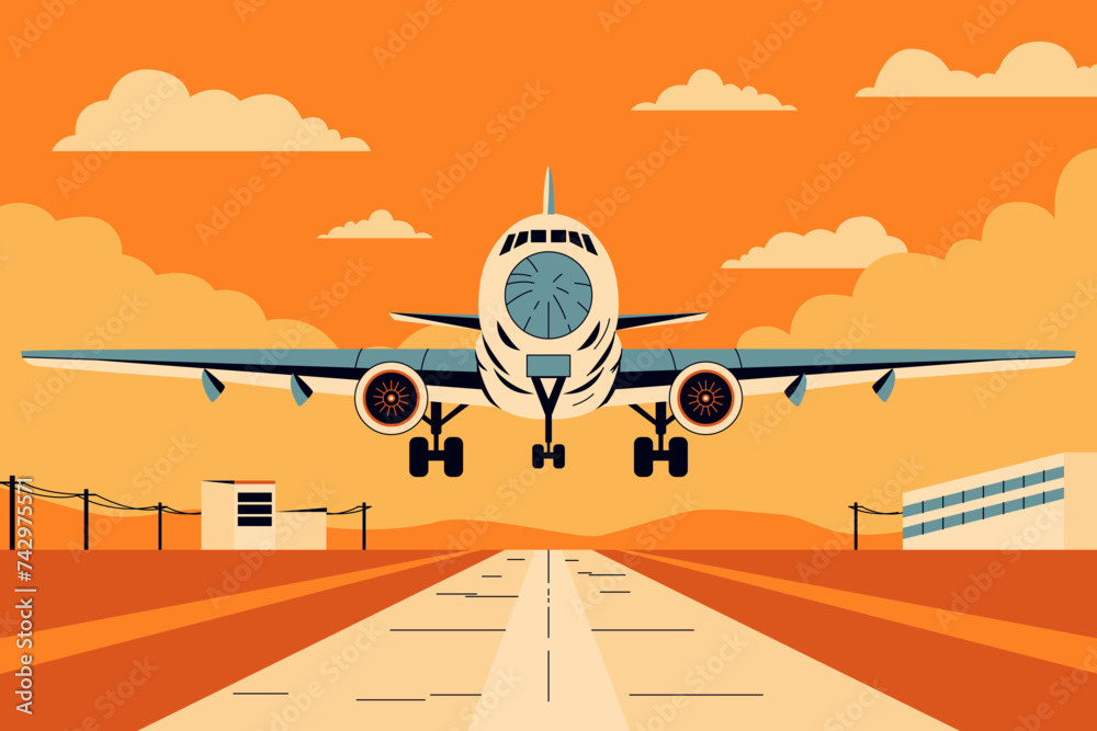 Cartoon airplane over runway. Passenger commercial plane take off from ...