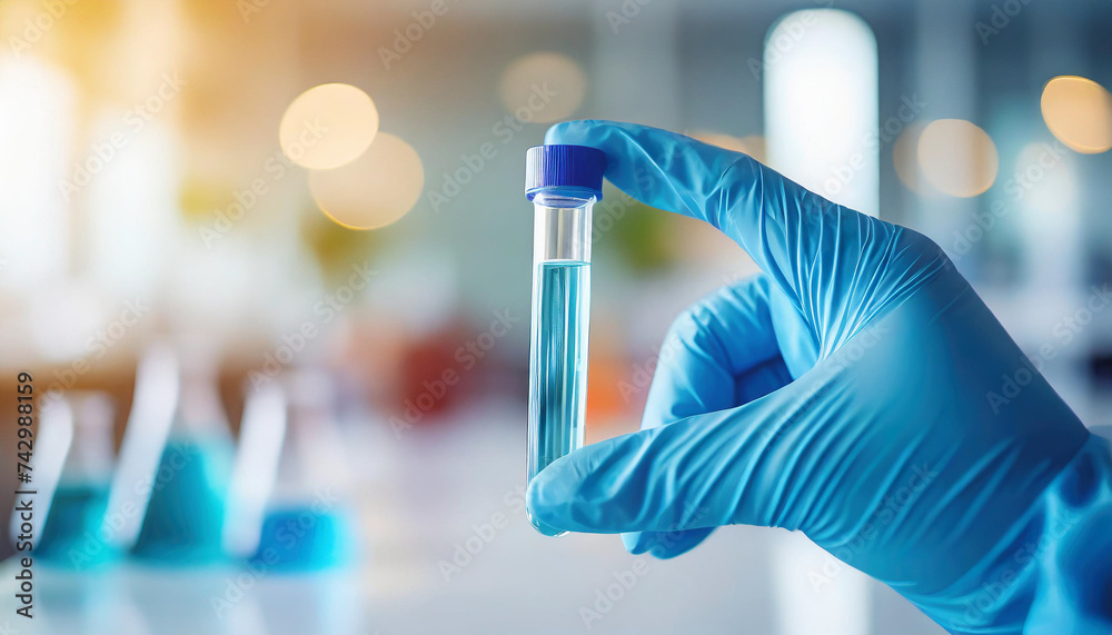 Hand holding glass test tube in lab setting, symbolic of science and ...