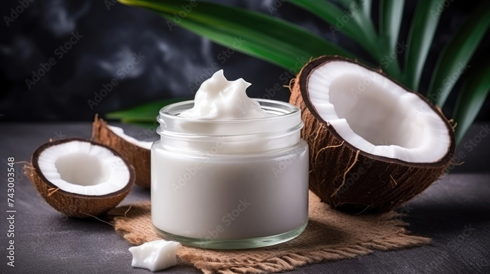 Coconut beauty skincare products. White cream with extract of Coconut ...
