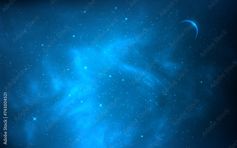 Night sky. Starry background with planet. Blue galaxy with realistic ...