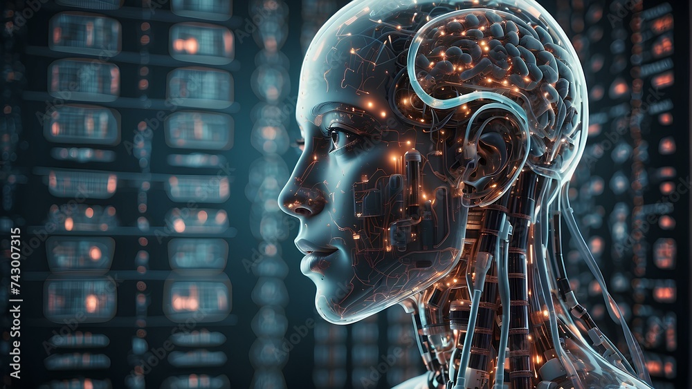 Holographic robot symbolizing futuristic advanced AI or A human in a ...